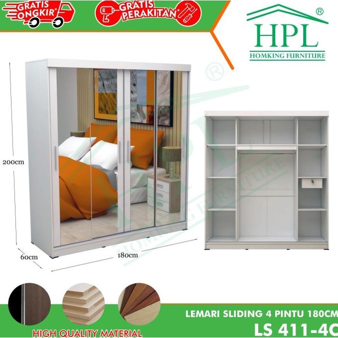 Jual Lemari Pakaian Hpl+Kaca Sliding 4 Pintu Putih Glossy | Shopee ...