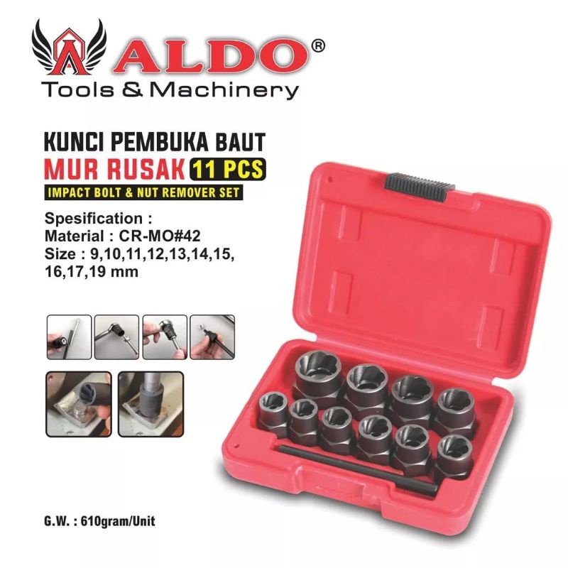 Jual ALDO Kunci Sok Set Pembuka Baut Mur Rusak 11 Pcs + Baja Box Plastik | Impact Bolt & Nut ...