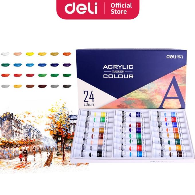 Jual Deli 24 Colors Acrylic Paint Paste Delicate And The Brush 73858 ...