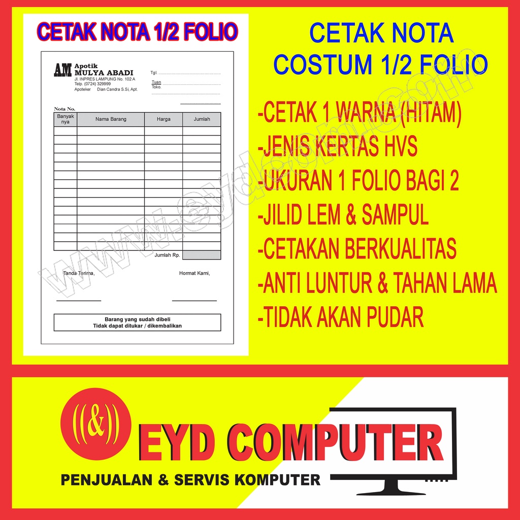 Jual CETAK NOTA 1 PLY 1 FOLIO BAGI 2 HVS COSTUM ISI TANPA RANGKAP CEK ...