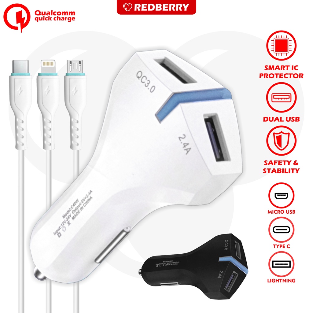 Jual CAR Charger PINZY C40W 2 USB Fast Charging kabel data Lightning ...