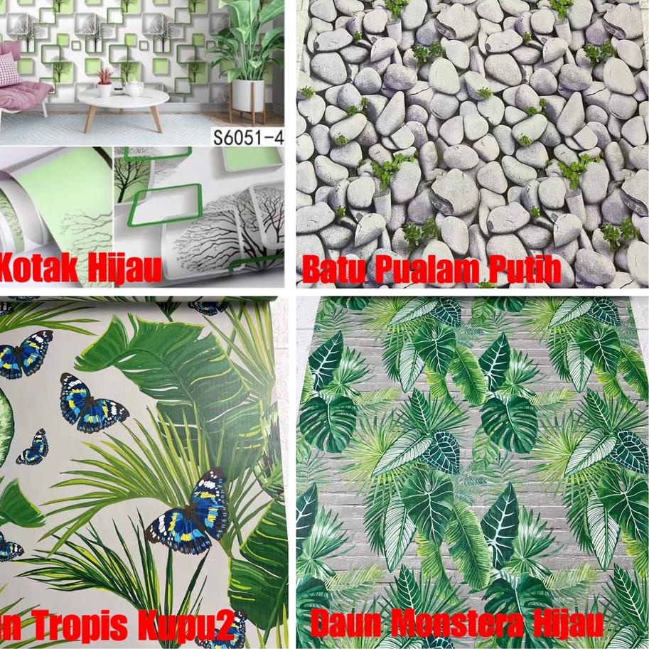 Jual RND665 Wallpaper Dinding Sticker ukuran 45cm x 10M Motif Tropis Hijau Daun Kotak 3D Kupu2 ...