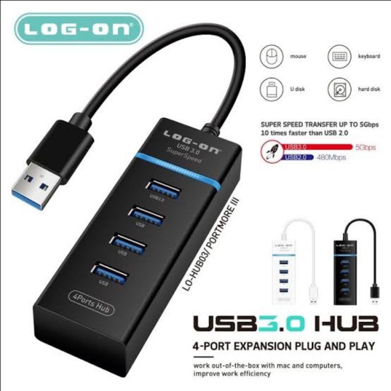 Jual USB Hub Log On 4 Port USB 3.0 Plug And Play | Shopee Indonesia