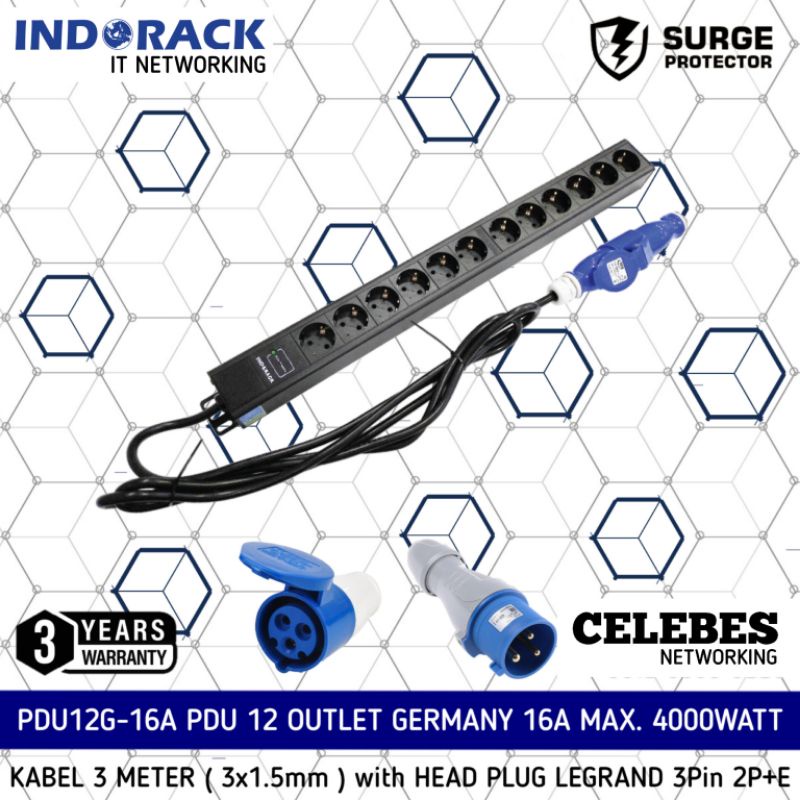 Jual PDU12G-16L PDU INDORACK 12 Outlet 16A Legrand Head Plug 3Pin 2P+E ...