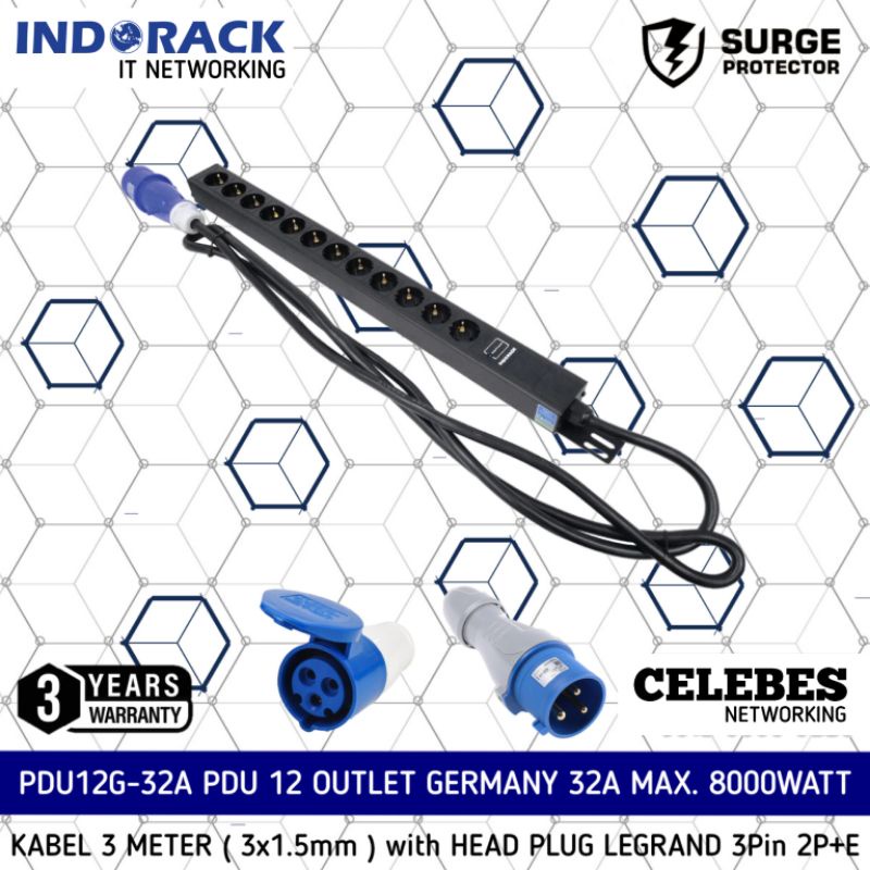 Jual PDU12G-32L PDU INDORACK 12 Outlet 32A Legrand Head Plug 3Pin 2P+E ...
