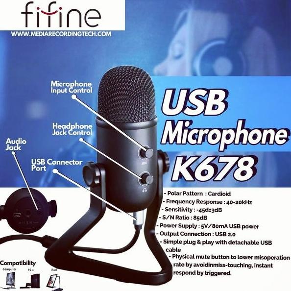 Jual FIFINE K678 USB MIC, PLUG N PLAY WITH VOLUME AND HEADPHONE CONTROL NEW!! | Shopee Indonesia