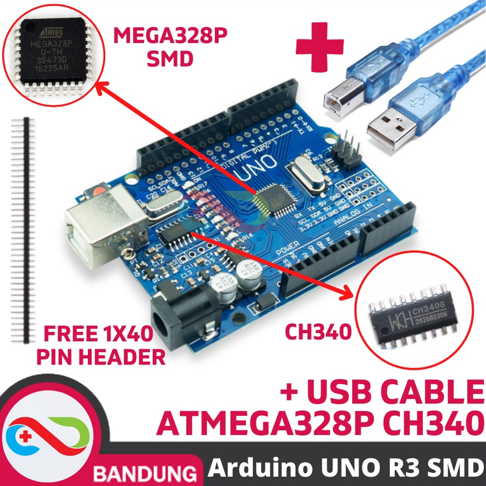 Jual Ready stock UNO R3 SMD CH340 ATMEGA328P PLUS KABEL USB & PIN ...