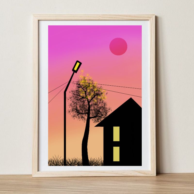 Jual Lukisan dinding aesthetic minimalist gambar senja pink siluet home ...