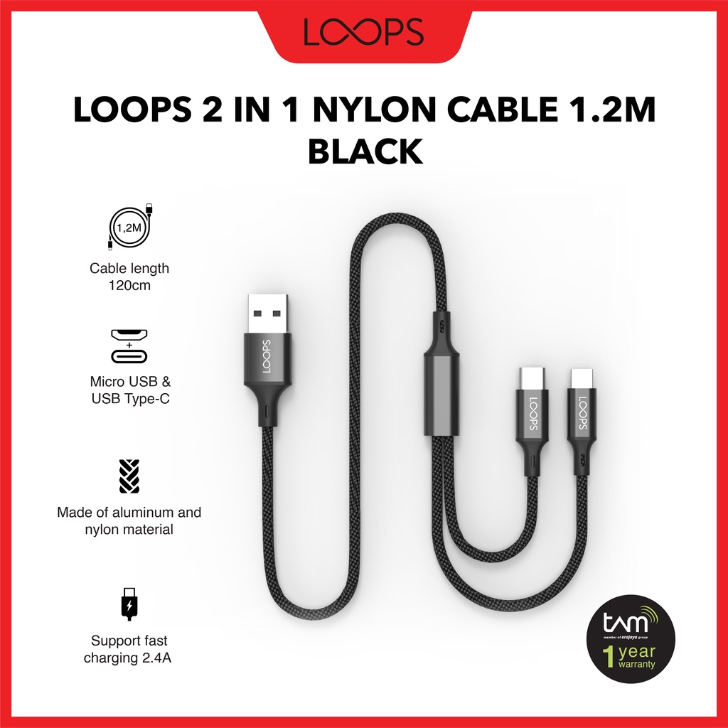 Jual LOOPS 2 in 1 Nylon Cable 1.2M - Black | Shopee Indonesia