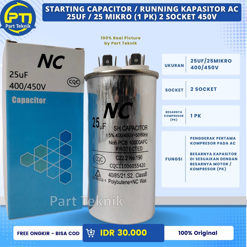 Jual KAPASITOR AC 25uF 450V (1 PK) 2 SOCKET x 4 Pin RUNNING CAPACITOR ...