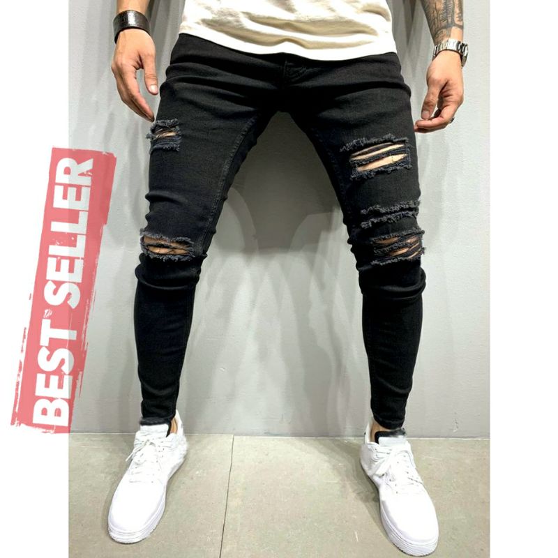 Jual CELANA SOBEK PRIA RIPPED JEANS PANJANG ROBEK HITAM 27-38 | Shopee ...