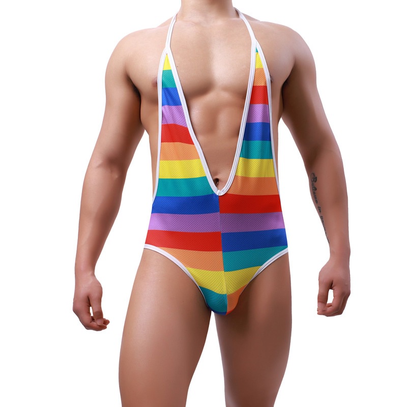 Jual Sexy Mens Undershirts Printing Open Butt One Piece Lingerie