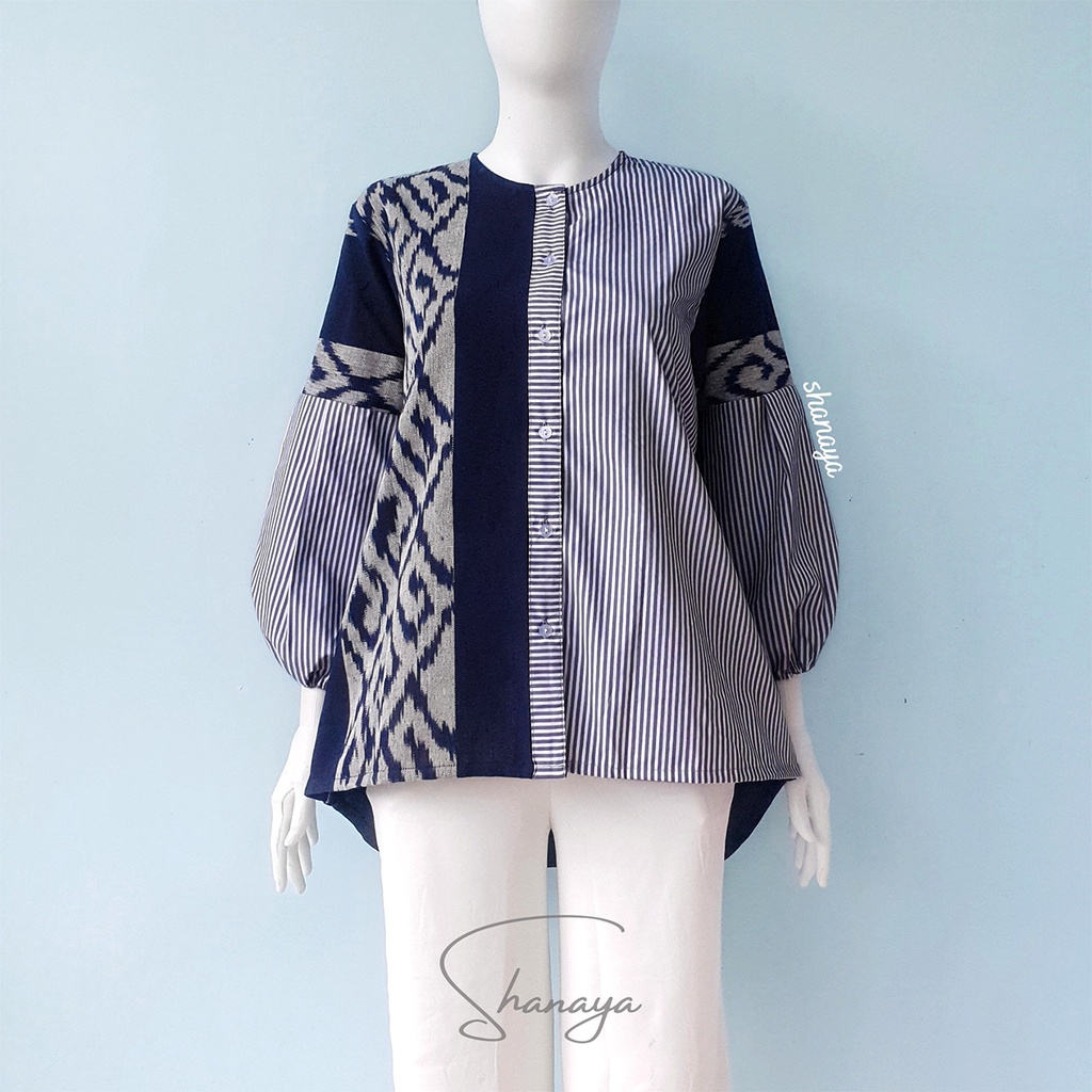 Jual Shanaya Baju Batik Wanita Blus Tenun Kombinasi Katun Salur dan Toyobo Yoona Blus Kerja ...