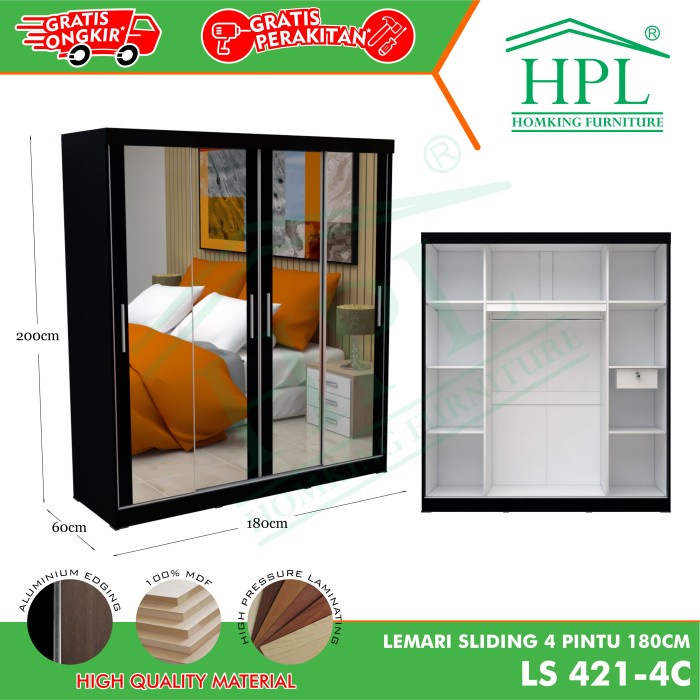 Jual LEMARI PAKAIAN HPL SLIDING 4 PINTU HITAM+KACA 4 PINTU LPS-406 ...