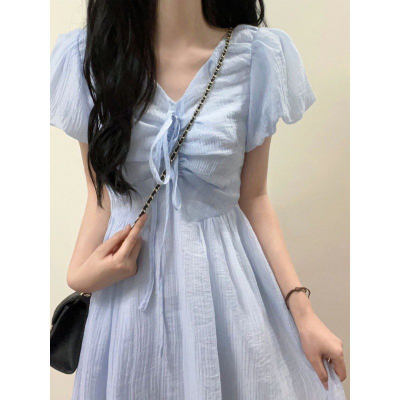 Jual Bahasa Perancis Gaun/Gaun biru leher V / gaun peri tipis / gaun ...