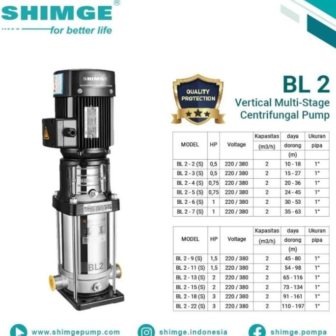 Jual POMPA AIR VERTICAL MULTISTAGE CENTRIFUGAL BL 2-15 SHIMGE 2Hp 380v ...