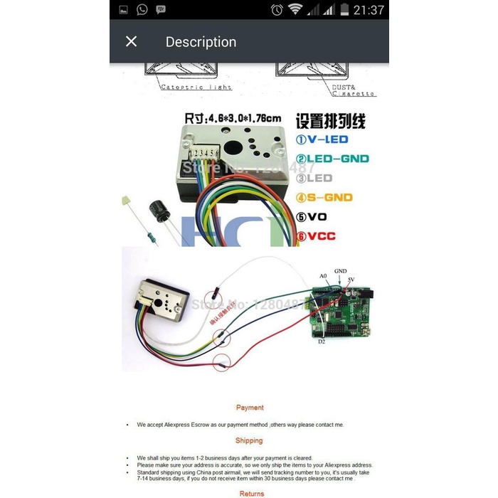 Jual Gp2Y1010Au0F Compact Optical Dust Sensor / Sensor Debu + Cable ...