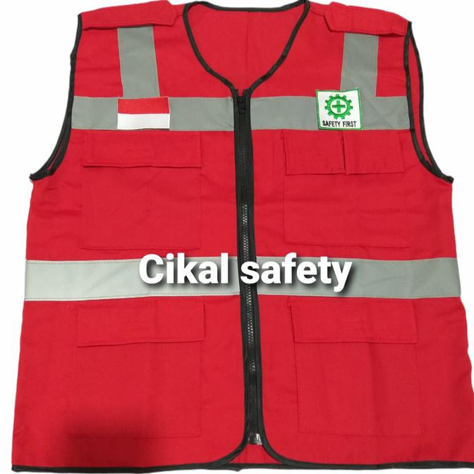 Jual ROMPI SAFETY BAHAN DRIL 4 KANTONG MERAH BORDIR LOGO K3 BENDERA ...