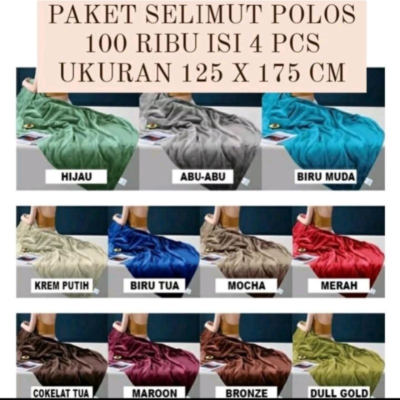 Jual PAKET SELIMUT POLOS 100 RIBU ISI 4 PCS UKURAN 125 X 175 CM/SELIMUT ...
