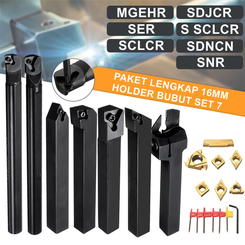 Jual Paket Lengkap Holder Bubut Set 7 pcs 16 mm Pahat Bubut Luar Dalam 16mm Holder Boring Ulir ...