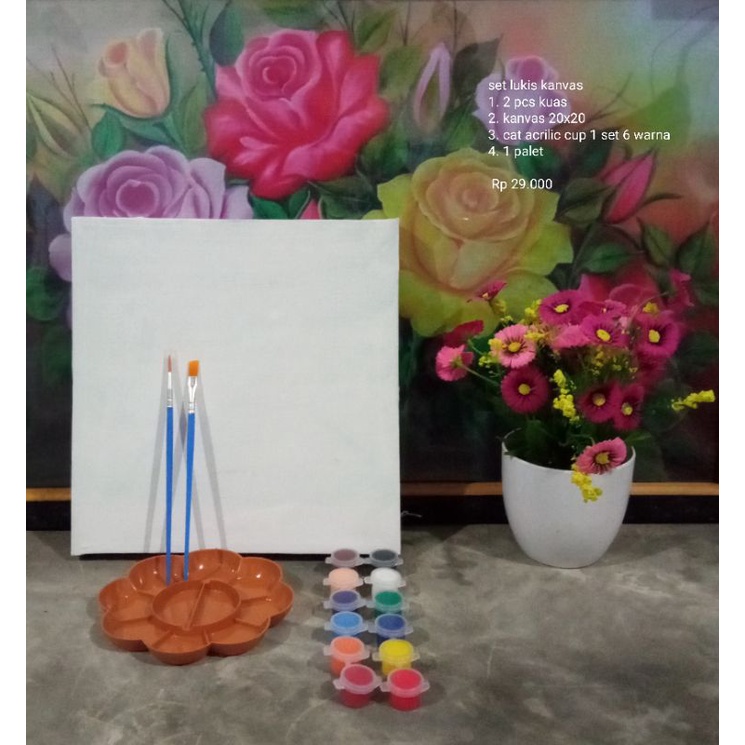 Jual set lukis kanvas : cat 6 warna (warna sekunder), kuas, palet ...