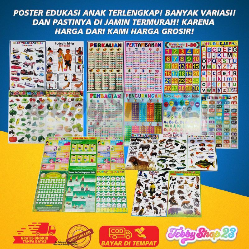 Jual Poster edukasi anak satuan variasi lengkap abjad angka buah sayur ...