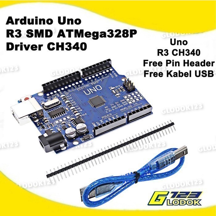 Jual Arduino Uno R3 SMD CH340 ATMEGA328P + PIN HEADER + KABEL USB | Shopee Indonesia