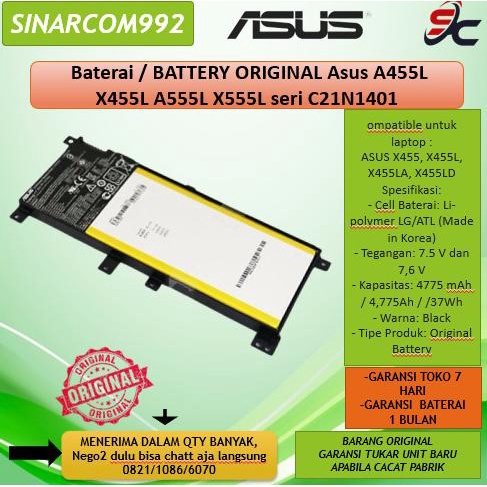 Jual Baterai / BATTERY ORIGINAL Asus A455L X455L A555L X555L seri ...