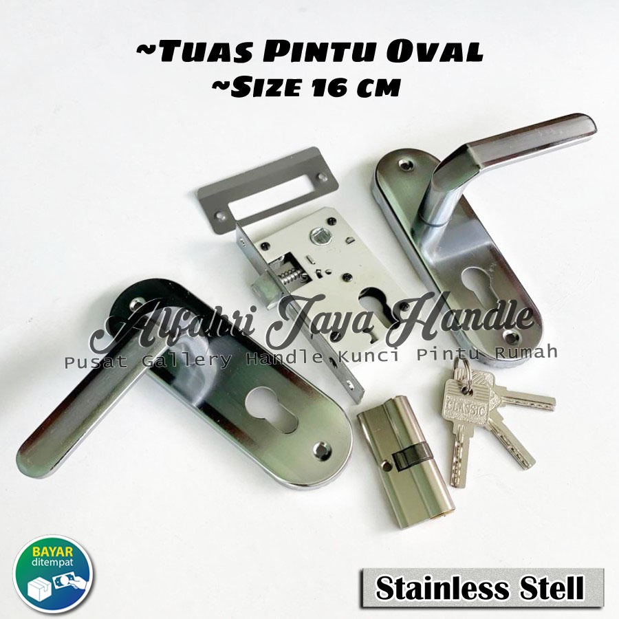 Jual Handle Pintu 1set Kunci Ongkel Gagang Pintu Tuas Pintu Rumah Stainless Oval 16cm