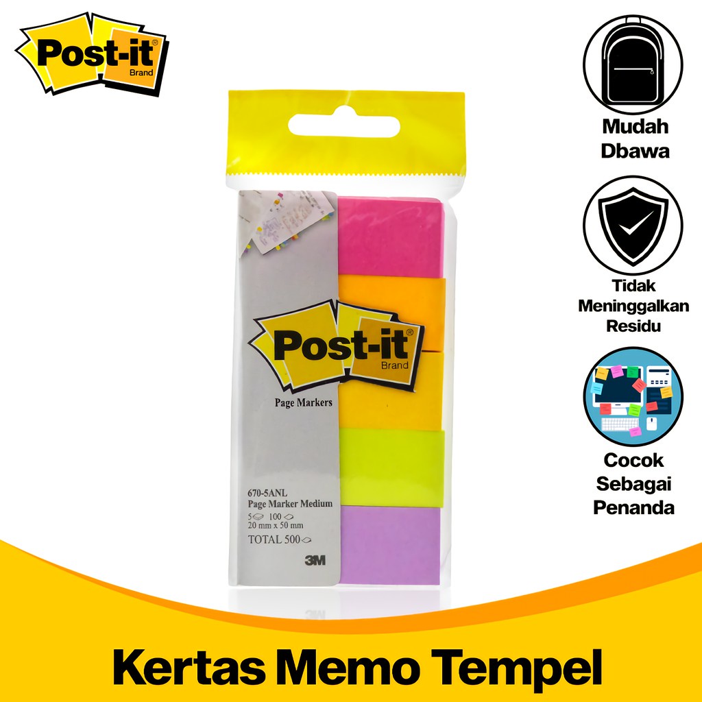 Jual 3M Post-It Memo Tempel Label Penanda 500 Lembar 20 X 50 Mm Page Marker Medium 3M-670-5Anl ...