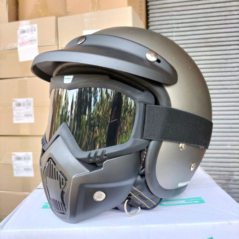 Jual SET HELM BOGO GOGGLE MASK RETRO DEWASA FULL LEHER SNI | Shopee ...