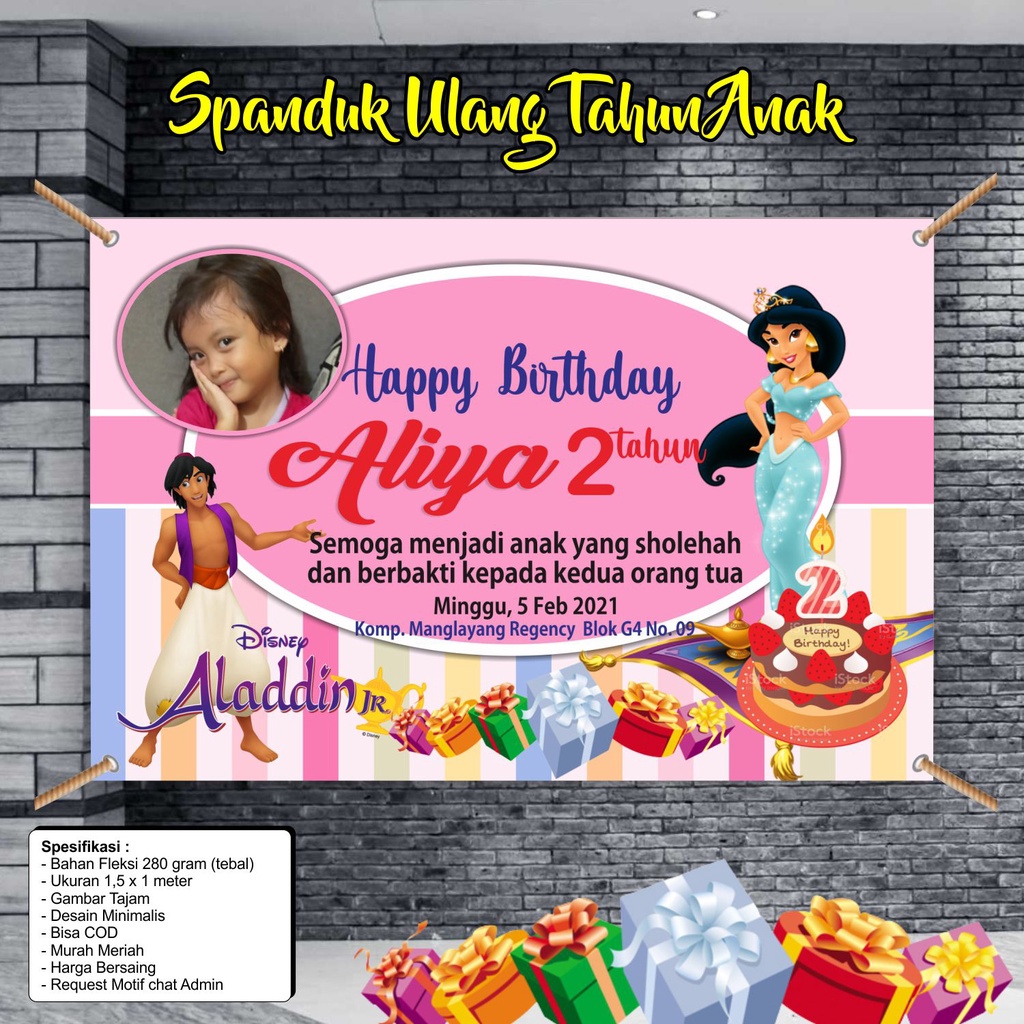 Jual spanduk banner ulang tahun anak happy birthday invitation Alladin ...