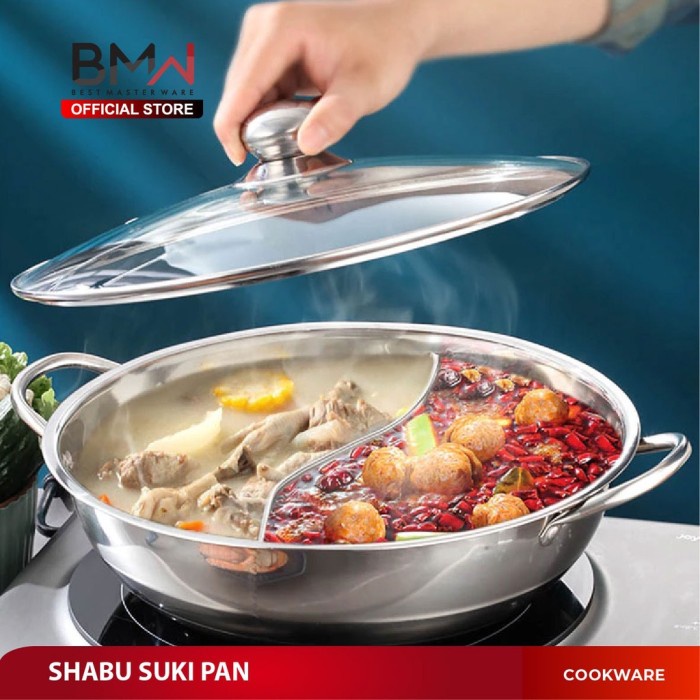 Jual Panci Shabu Shabu 2 Sekat Besar Stainless Tutup Kaca Suki Kuah Hot ...