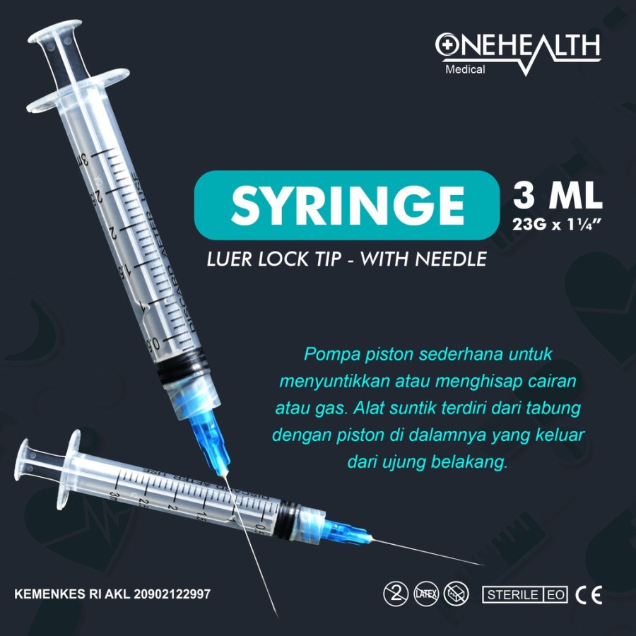 Jual Jarum Suntik Onehealth Syringe Luer Lock Tip 3ML With Needle Spuit ...