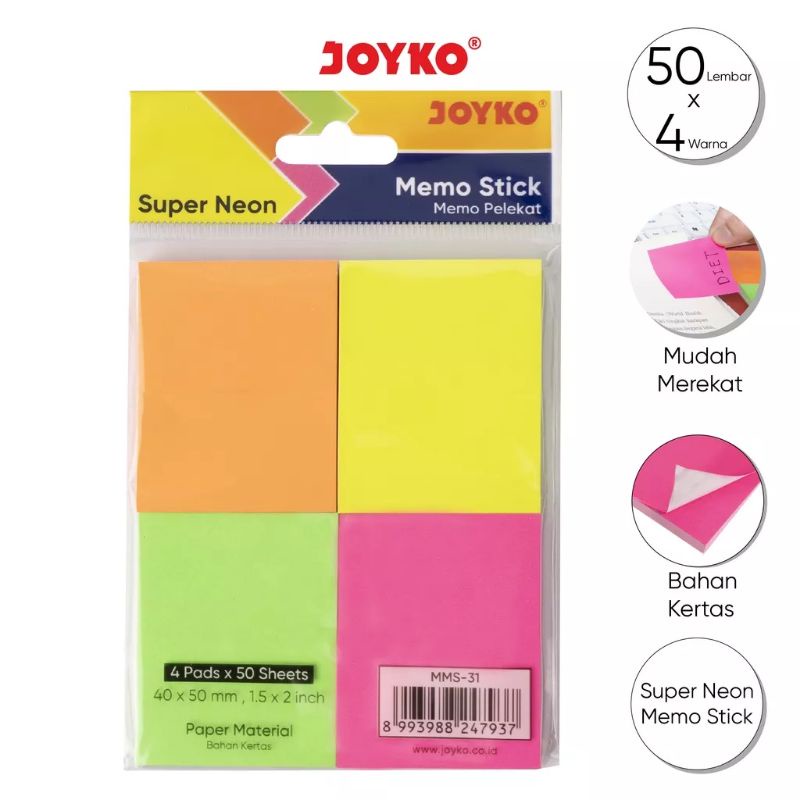 Jual Memo Stick Sticky Note Kertas Memo Tempel Joyko MMS-31 Super Neon ...
