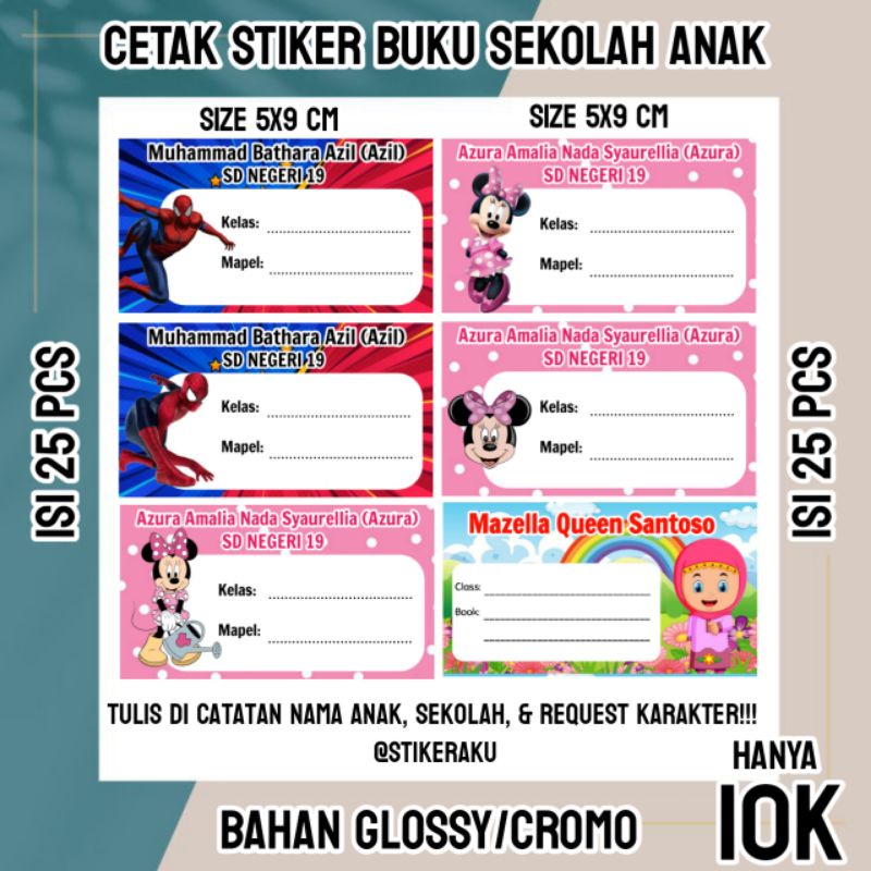 Jual Stiker Label Buku Pelajaran Custom Desain Karakter isi 25 pcs Size ...