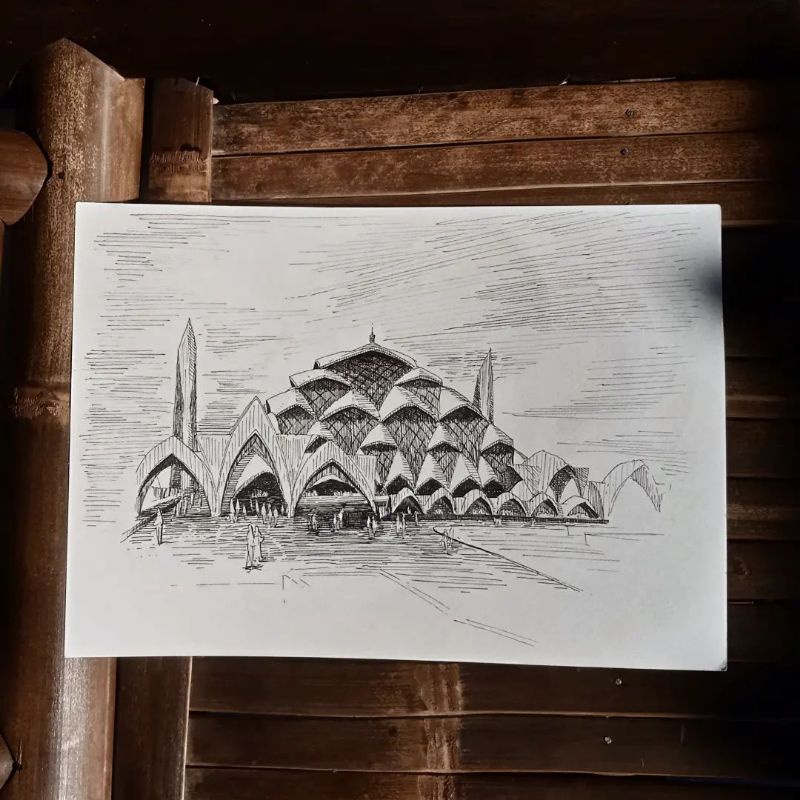 Jual Masjid Raya Al-Jabbar, Bandung | Indonesian Mosque | Hand Sketch ...