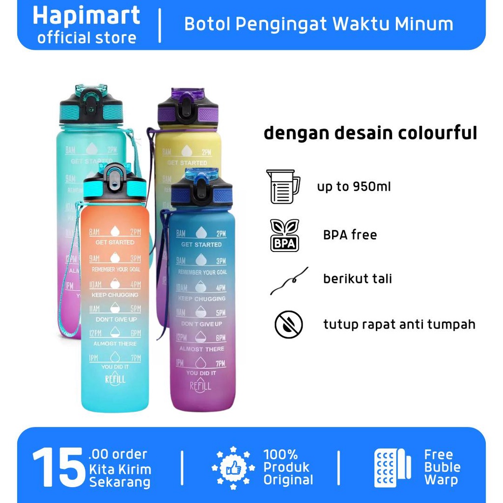 Jual Botol Tumblr Warna Warni Dengan Pengingat Waktu Minum Dan Tali ...
