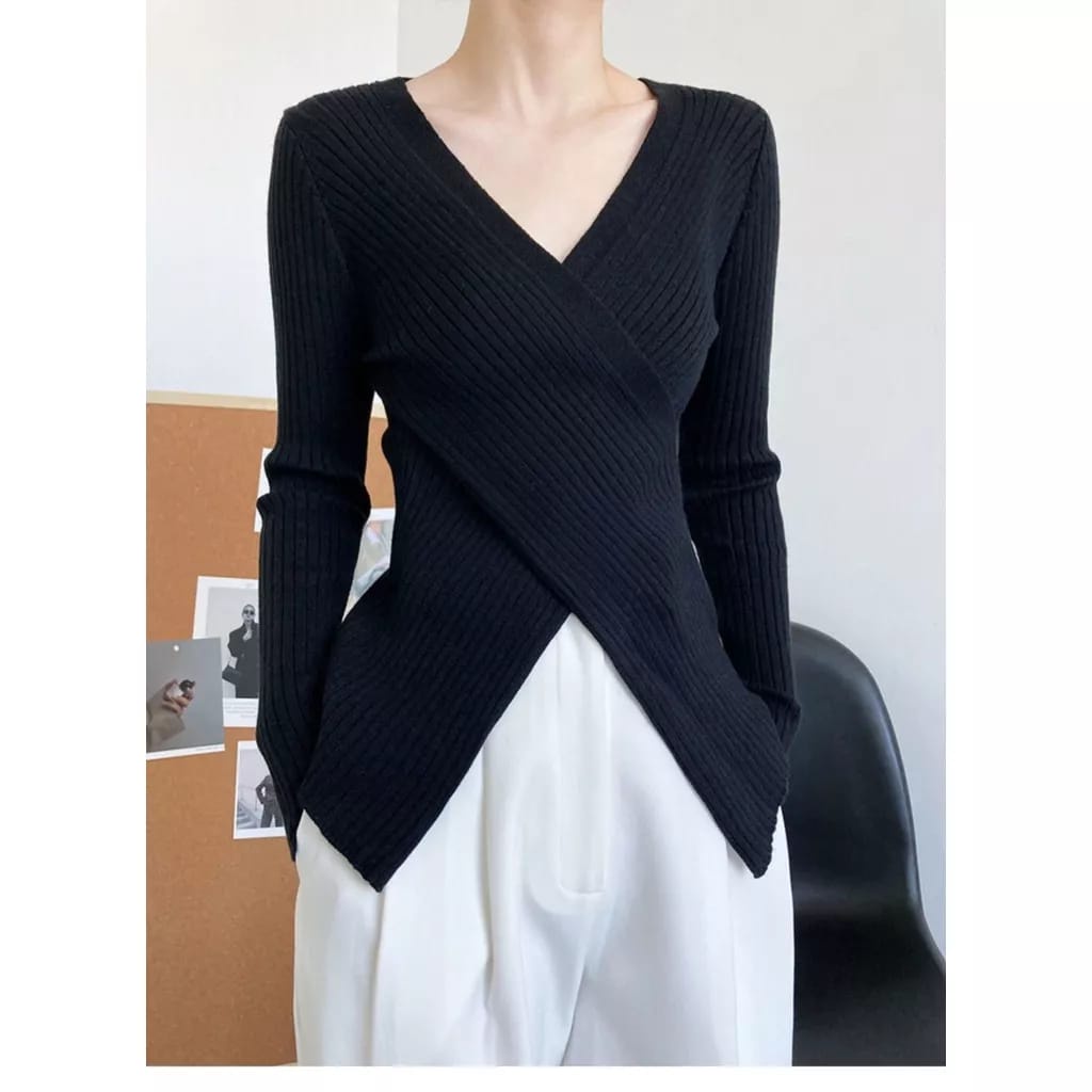 Jual Jiso knit V-neck korean style wrap top - Atasan rajut wanita lengan panjang | Shopee Indonesia