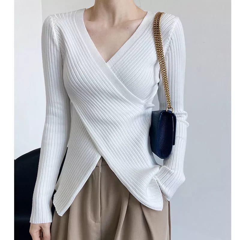Jual Jiso knit V-neck korean style wrap top - Atasan rajut wanita lengan panjang | Shopee Indonesia