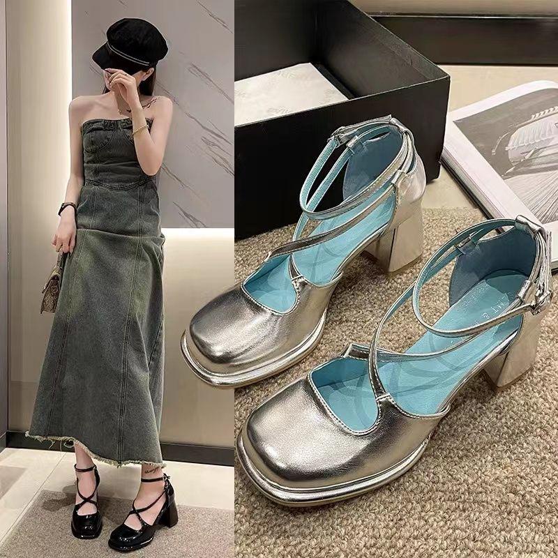 Jual Mary Jane sandal hak tinggi wanita 2023 baru salib mulut dangkal ...