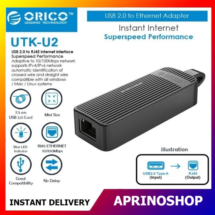 Jual ORICO USB 2.0 to Ethernet LAN Adapter 100 Mbps ORICO UTK-U2 ...