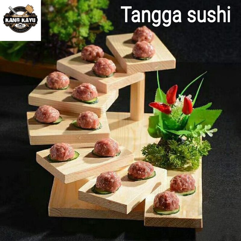 Jual Rak susun kayu tangga sushi kayu display tatakan nampan tray sushi ...