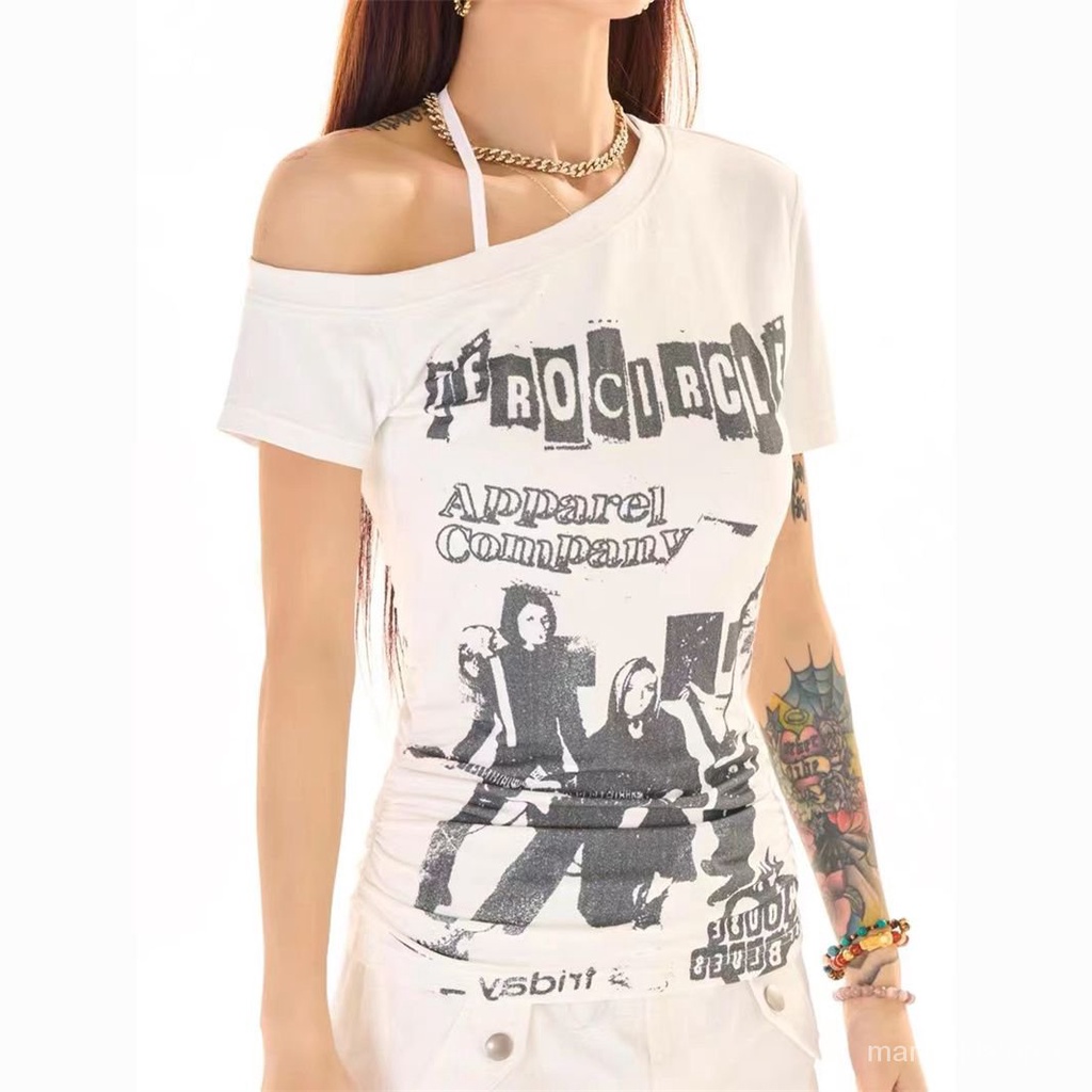 Jual COD##Kaos lengan pendek punk putih wanita -One Side Off Shoulder ...