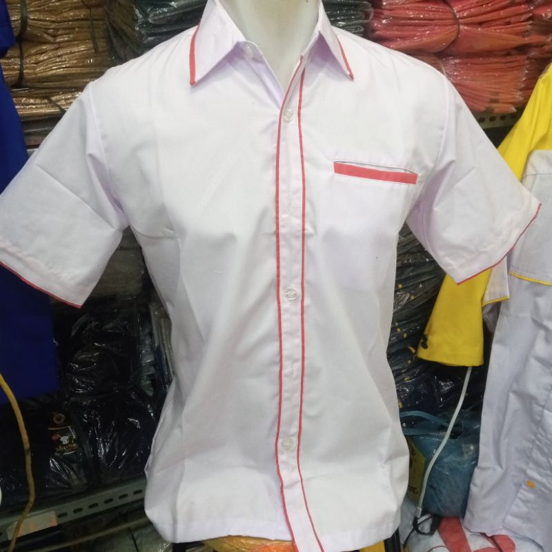 Jual kemeja putih Lis merah + custom logo | Shopee Indonesia