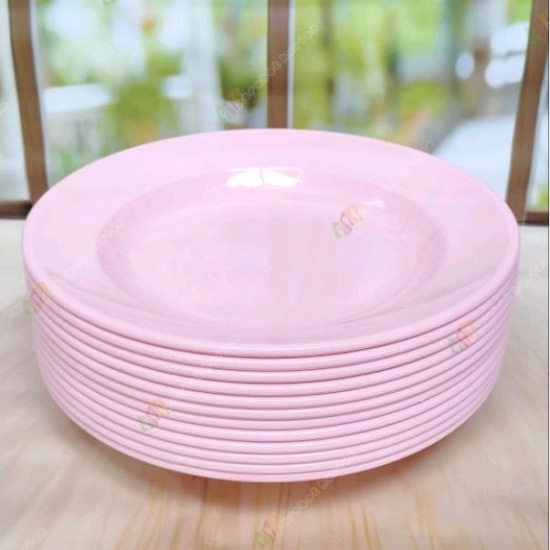 Jual 12pcs piring makan bulat pink polos 23cm 9inc food grade SNI tebal ...