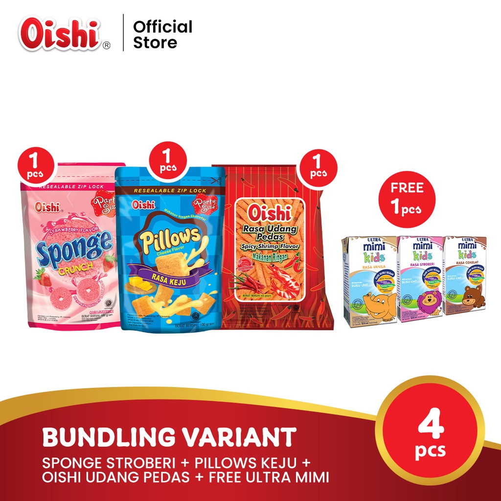 Jual sponge stroberi + pillows keju + oishi udang pedas + Free Ultra ...