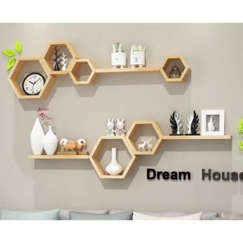 Jual Rak Dinding Hexagonal Hiasan Dinding Aesthetic Rak Hexagonal Kayu