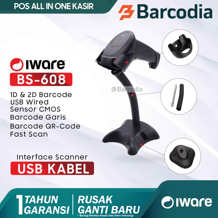 Jual BARCODIA Scanner Barcode 2D Iware BS-608 With Stand | Shopee Indonesia
