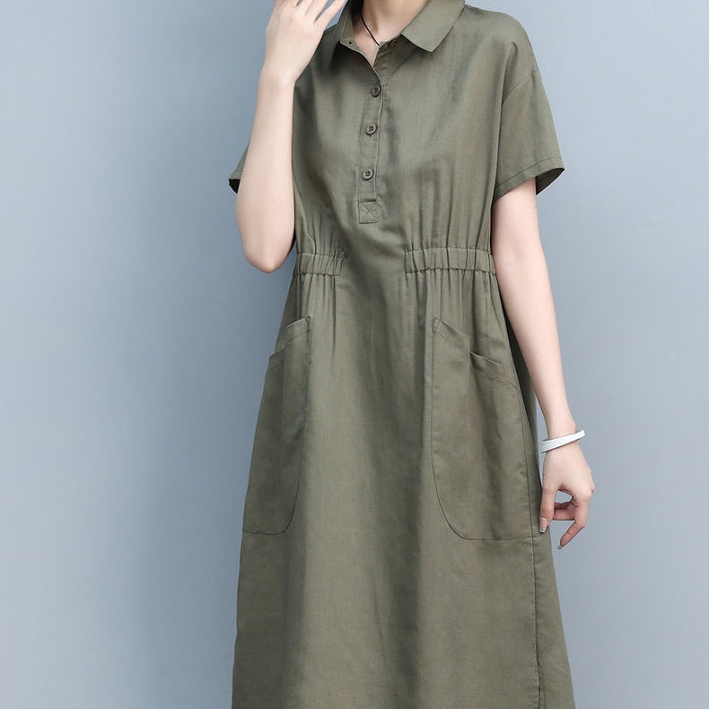 Jual Hazel.hijau Katun Linen Gaun Elegan 2023 Musim Semi dan Musim ...